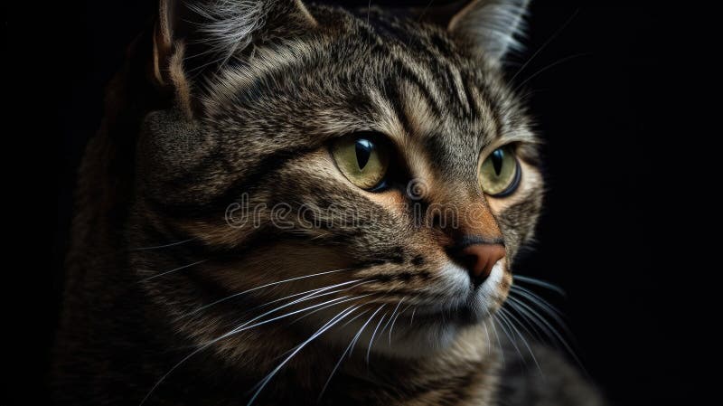 Feline Focus: Close-Up of a Real Cat on Black Background for Copy Space ...