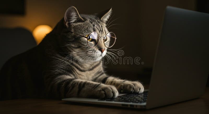 Feline Focus: a Tabby Cat Wearing Glasses Intently Uses a Laptop in a ...