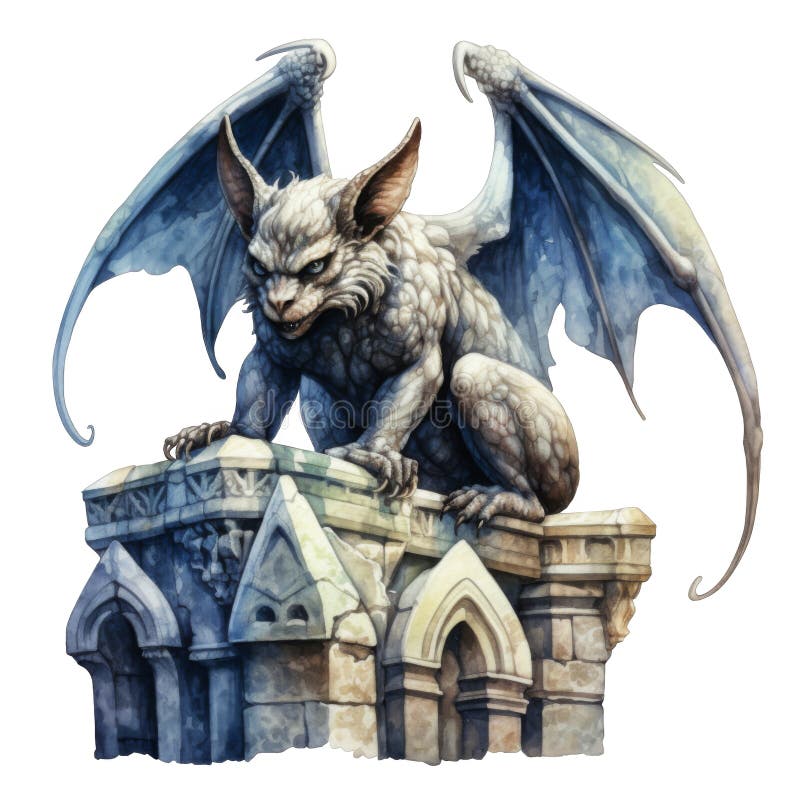 A Feline Gargoyle with Blue Wings Perched on a Stone Structure Stock ...