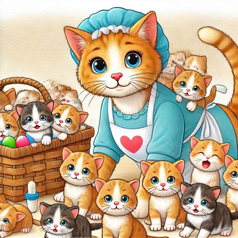 Feline Kitty Cat Nanny with Kittens Cartoon Illustration Stock ...