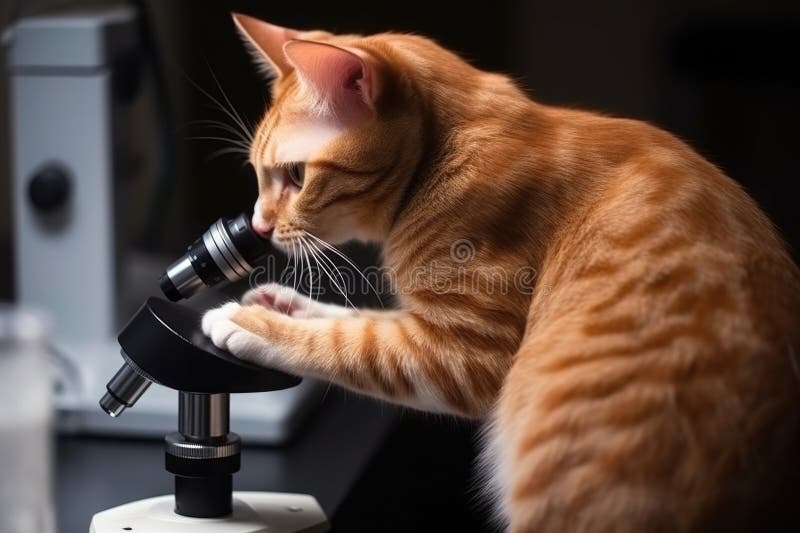 Feline Scientist Using Microscope To Examine Cells Under the Microscope ...