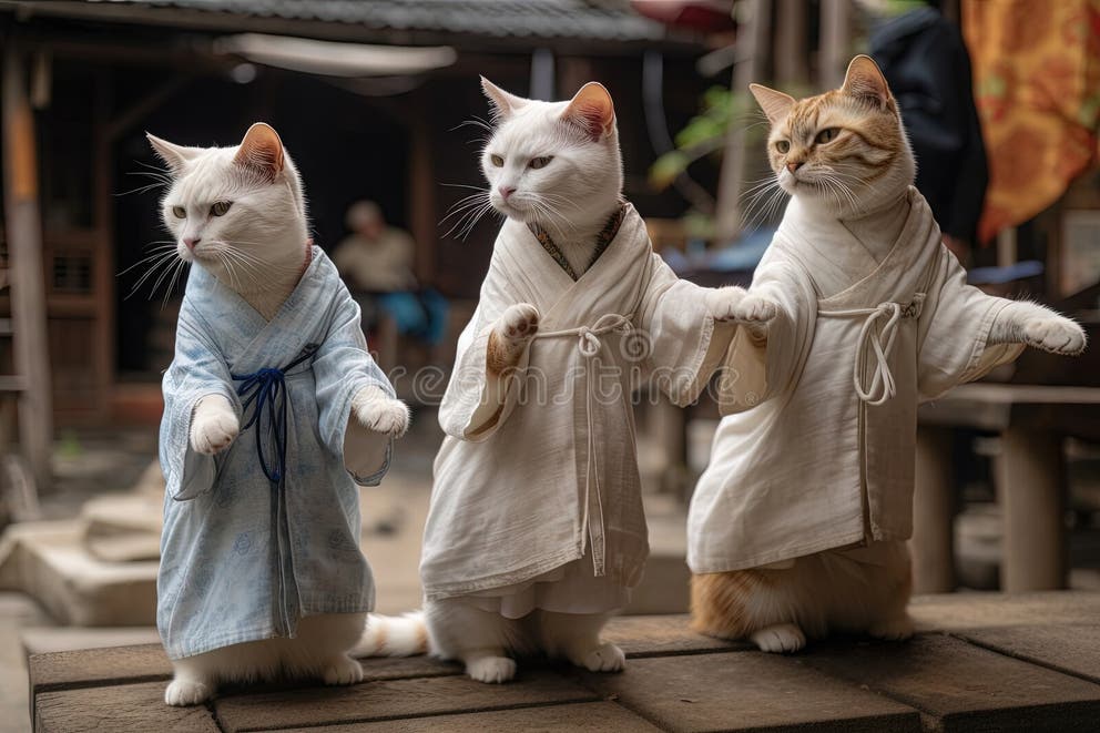Feline Tai Chi Masters: Three Cats in Human Tunics Practicing in a ...