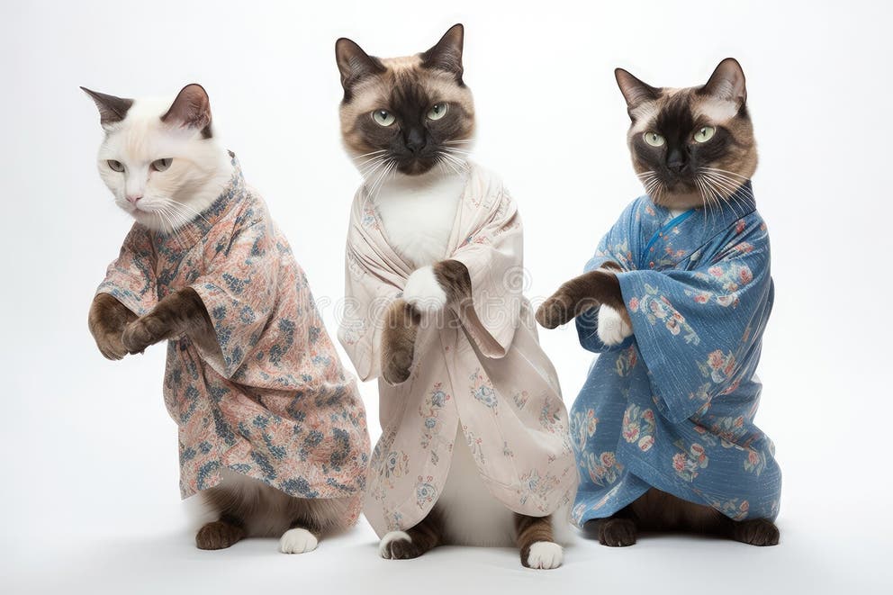 Feline Tai Chi Masters: Three Cats in Human Tunics Practicing on White ...