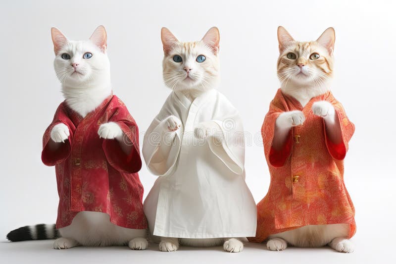 Feline Tai Chi Masters: Three Cats in Human Tunics Practicing on White ...