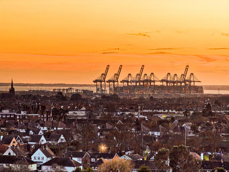 Felixstowe town at Sunset stock photo. Image of crane - 267366820