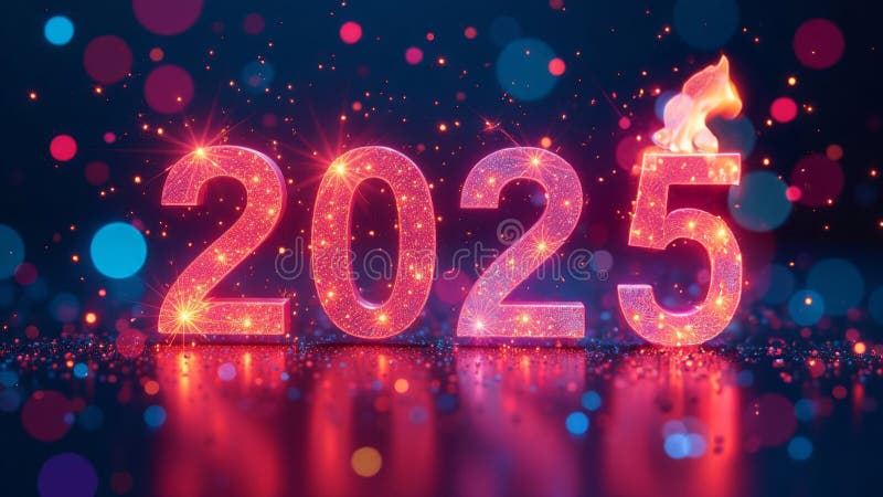 Feliz 2025! Letras Digitales Neon 2025 Con Bokeh Stock de ilustración ...