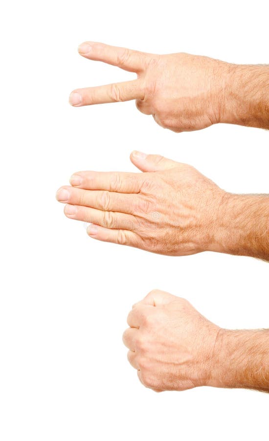 Drei Handzeichen. Felsen-Papierscherespiel Stockbild - Bild von kampf ...