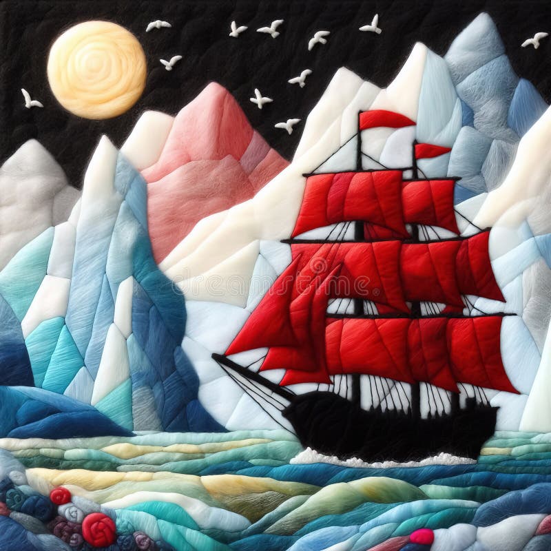 Felt Art Patchwork, a Beautiful Small Ship between the Icebergs ...