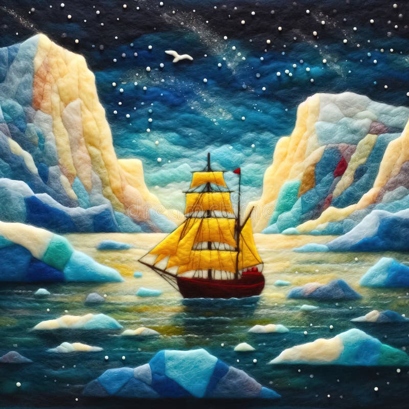 Felt Art Patchwork, a Beautiful Small Ship between the Icebergs ...