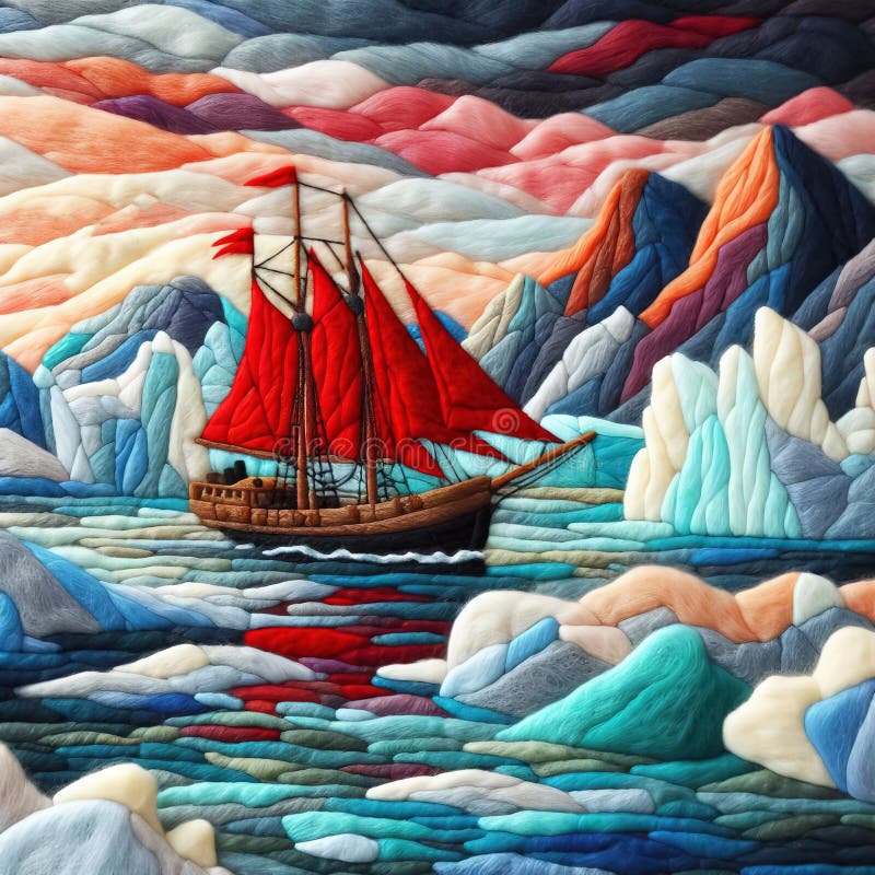 Felt Art Patchwork, a Beautiful Small Ship with a White Sails between ...