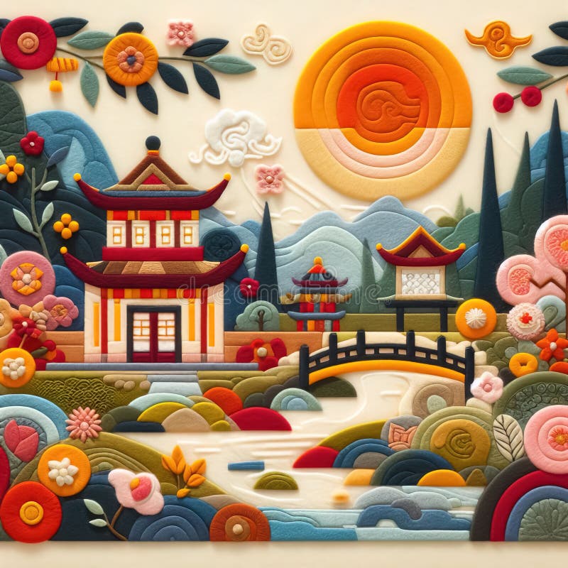 Felt Art Patchwork, Chinese Temple in the Garden, Generative AI Stock ...