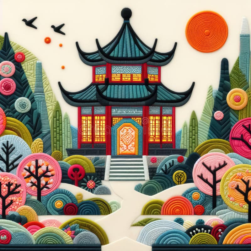Felt Art Patchwork, Chinese Temple in the Garden, Generative AI Stock ...