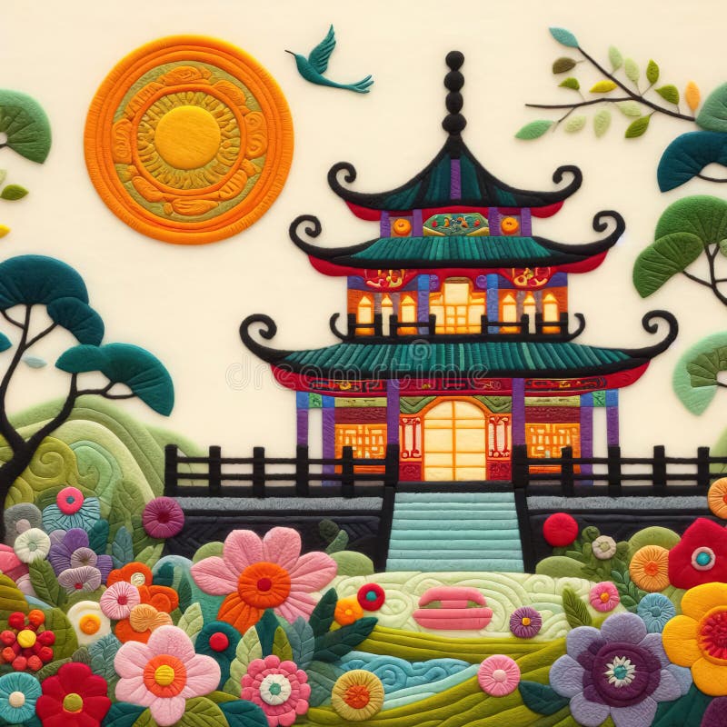 Felt Art Patchwork, Chinese Temple in the Garden, Generative AI Stock ...