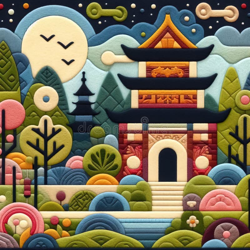 Felt Art Patchwork, Chinese Temple in the Garden, Generative AI Stock ...