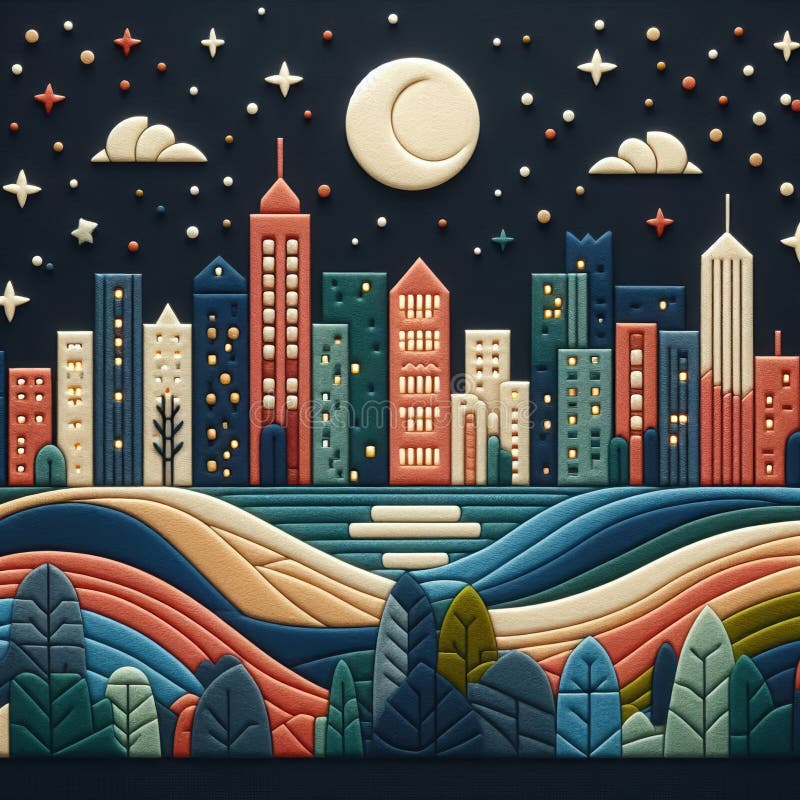 Felt Art Patchwork, City View at Night Stock Illustration ...