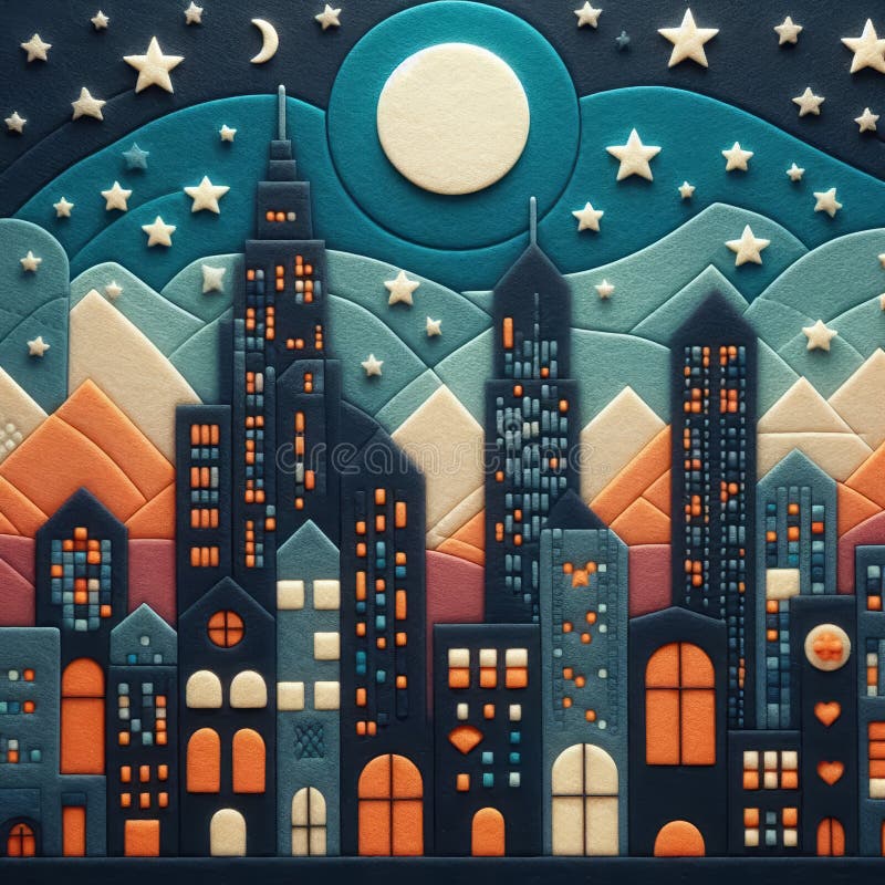 Felt Art Patchwork, City View at Night Stock Illustration ...