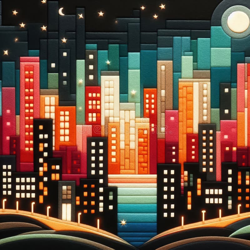 Felt Art Patchwork, City View at Night Stock Illustration ...