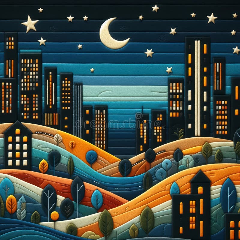 Felt Art Patchwork, City View at Night Stock Illustration ...