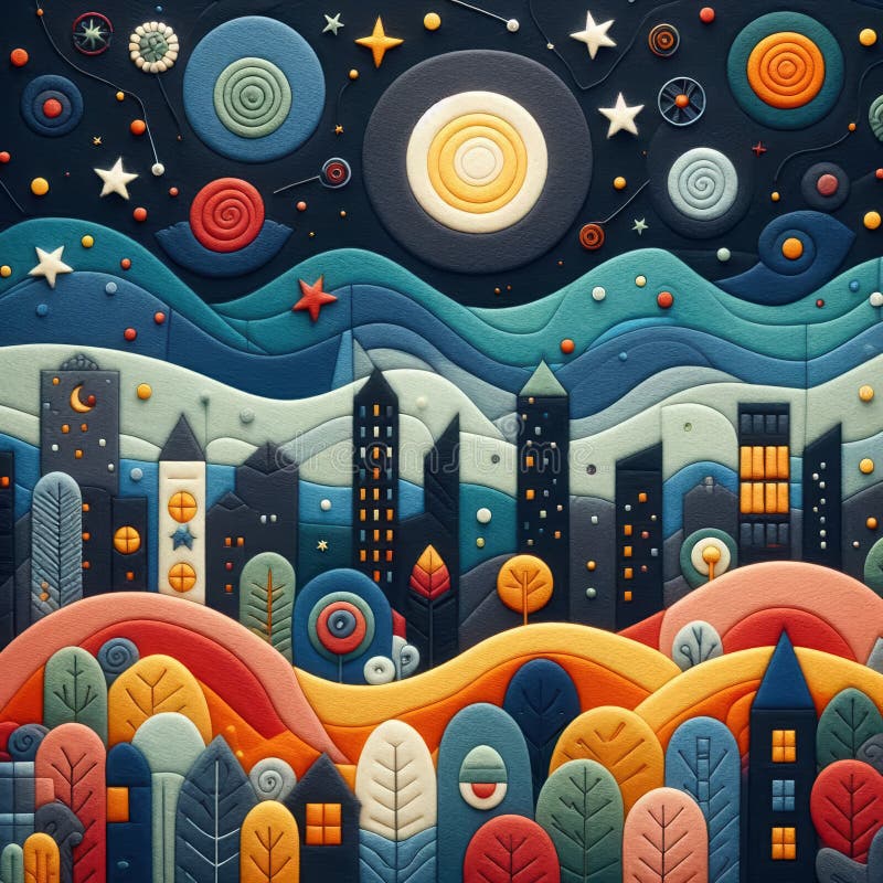 Felt Art Patchwork, City View at Night Stock Illustration ...
