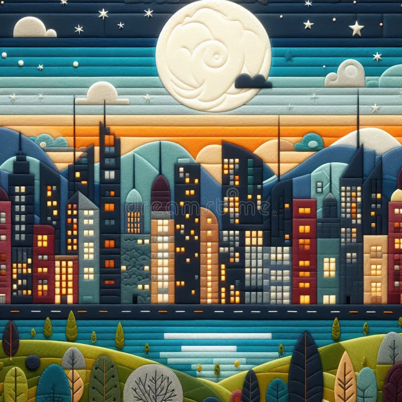 Felt Art Patchwork, City View at Night Stock Illustration ...