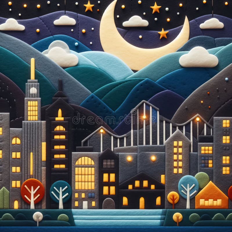 Felt Art Patchwork, City View at Night, Generative AI Stock ...