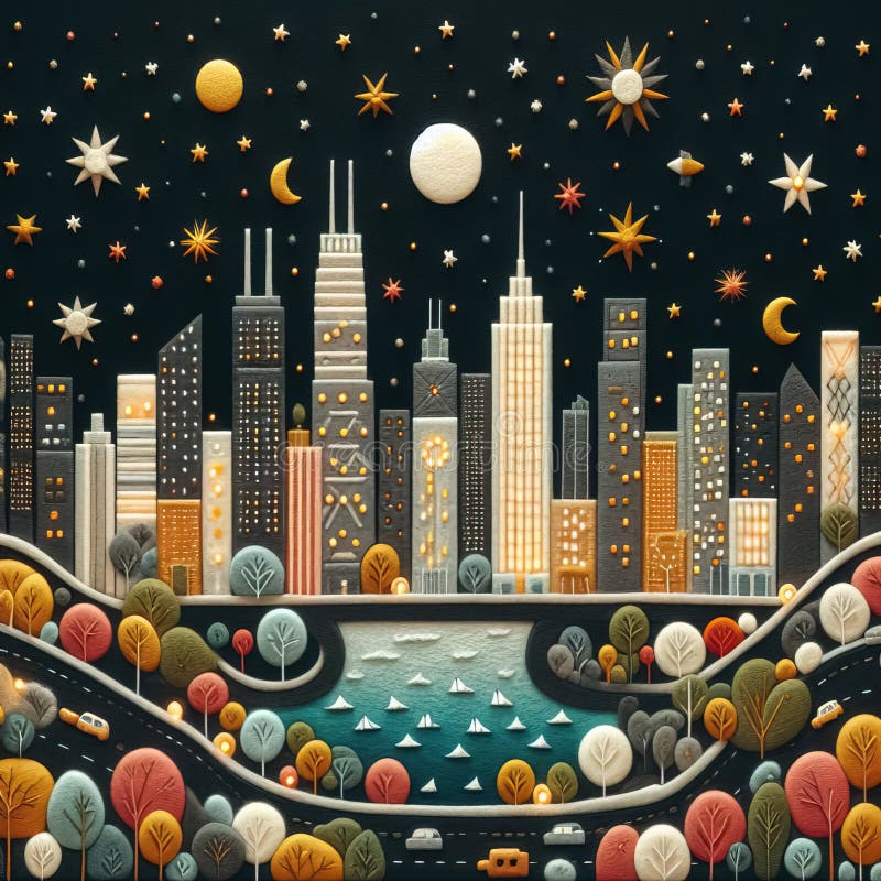 Felt Art Patchwork, City View at Night, Generative AI Stock ...