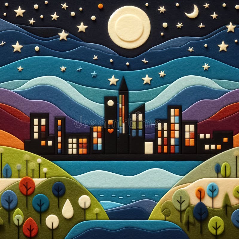 Felt Art Patchwork, City View at Night, Generative AI Stock ...