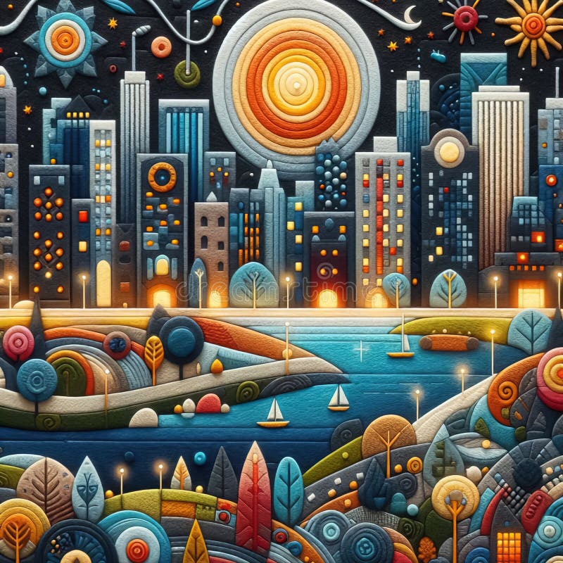 Felt Art Patchwork, City View at Night, Generative AI Stock ...