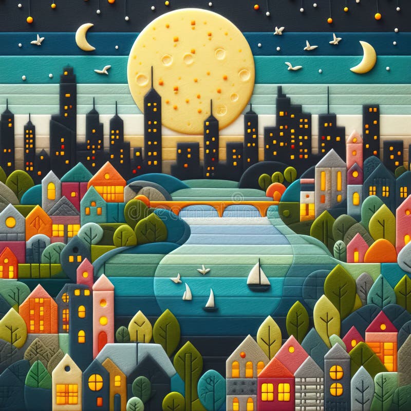 Felt Art Patchwork, City View at Night, Generative AI Stock ...