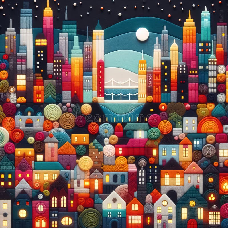Felt Art Patchwork, City View at Night, Generative AI Stock ...