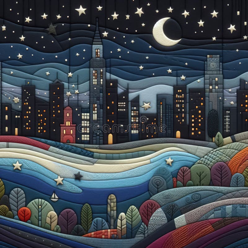 Felt Art Patchwork, City View at Night, Generative AI Stock ...
