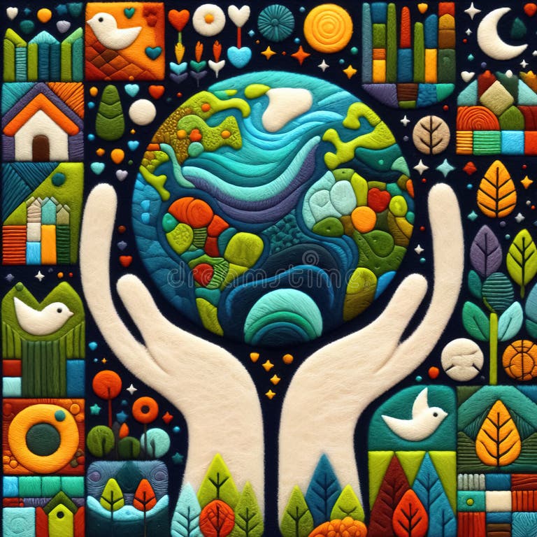 Felt Art Patchwork, Earth Day Concept, World Environment Day, Generative AI Stock Illustration ...
