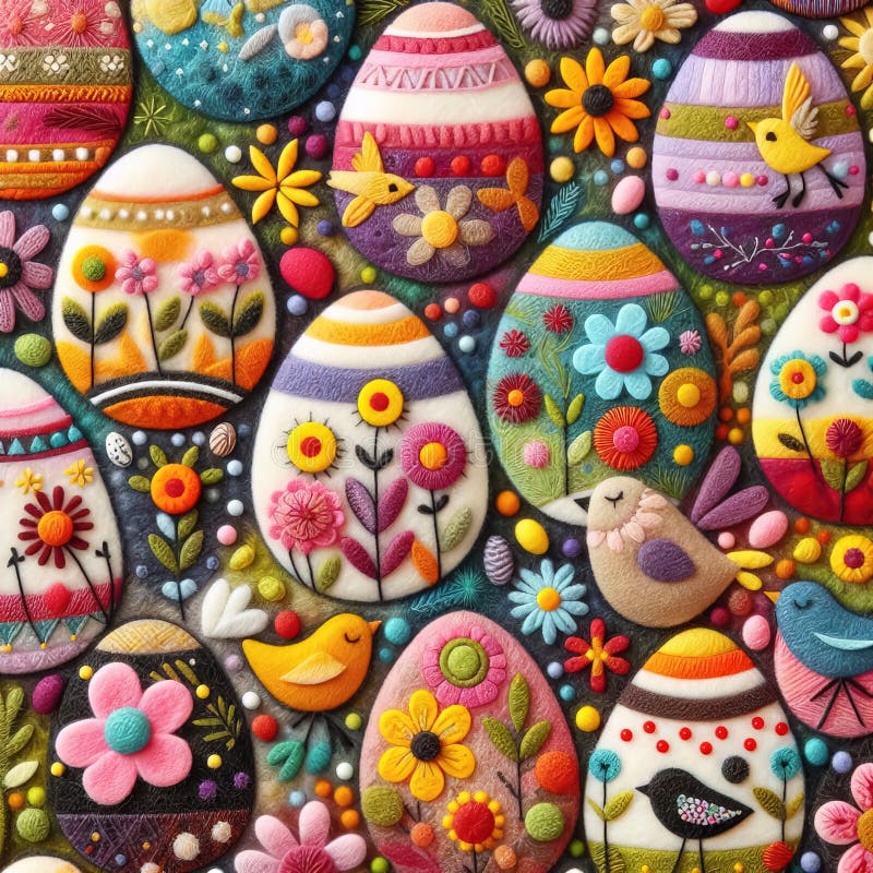 Felt Art Patchwork, Easter Eggs with Spring Flowers, Colorful Holiday Stock Illustration ...