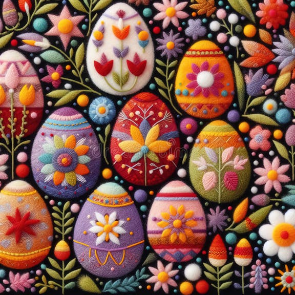 Felt Art Patchwork, Easter Eggs with Spring Flowers, Colorful Holiday, Generative AI Stock ...