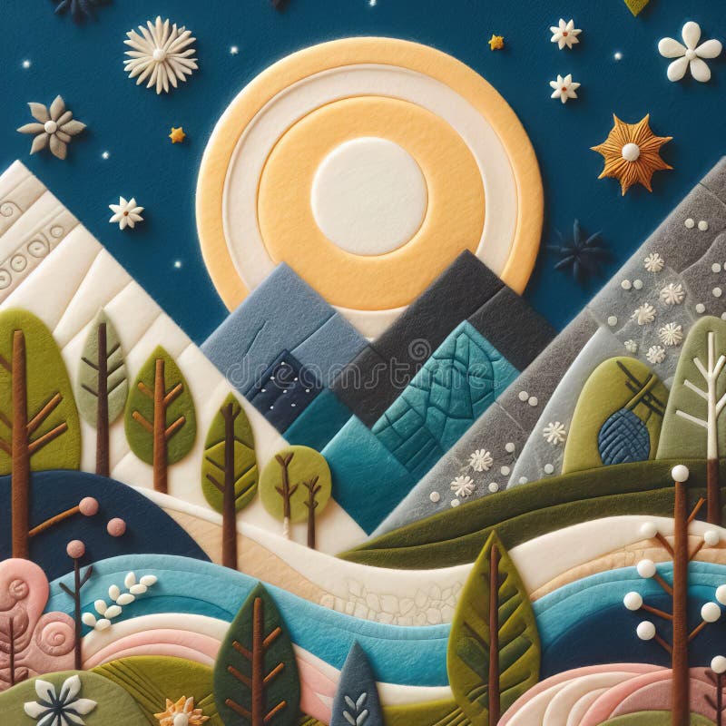 Felt Art Patchwork, Japanese Minimalist Style Flat Art Design Landscape ...