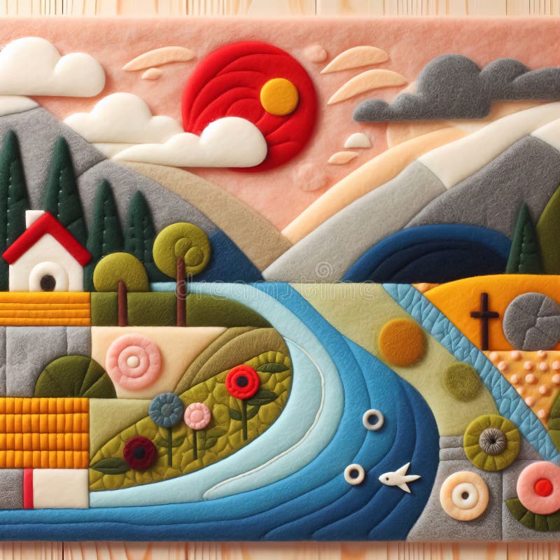 Felt Art Patchwork, Japanese Minimalist Style Flat Art Design Landscape ...