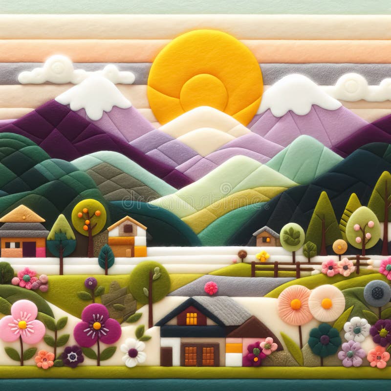 Felt Art Patchwork, Japanese Minimalist Style Flat Art Design Landscape ...