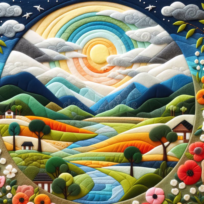 Felt Art Patchwork, Japanese Minimalist Style Flat Art Design Landscape ...