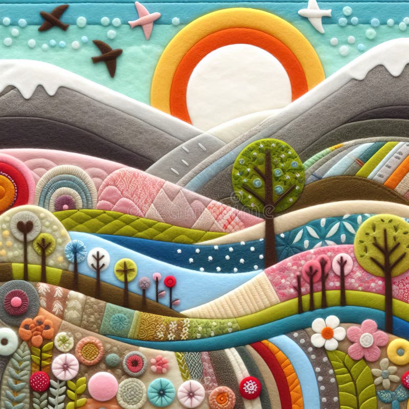 Felt Art Patchwork, Japanese Minimalist Style Flat Art Design Landscape ...