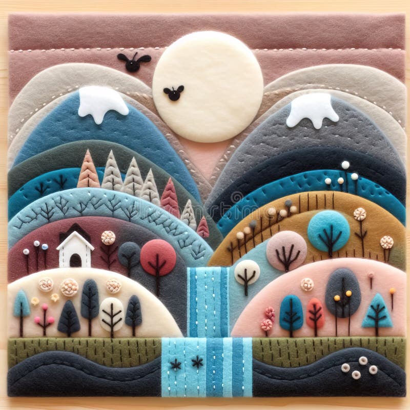Felt Art Patchwork, Japanese Minimalist Style Flat Art Design Landscape ...