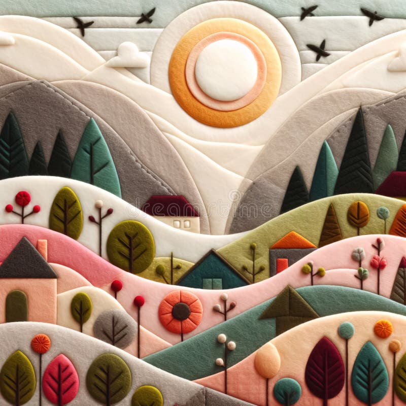 Felt Art Patchwork, Japanese Minimalist Style Flat Art Design Landscape ...