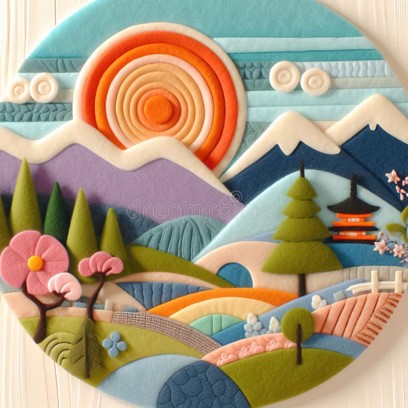 Felt Art Patchwork, Japanese Minimalist Style Flat Art Design Landscape ...
