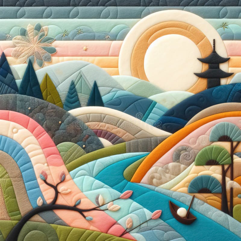 Felt Art Patchwork, Japanese Minimalist Style Flat Art Design Landscape ...