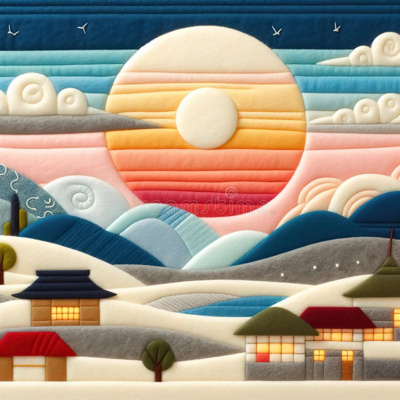 Felt Art Patchwork, Japanese Minimalist Style Flat Art Design Landscape ...