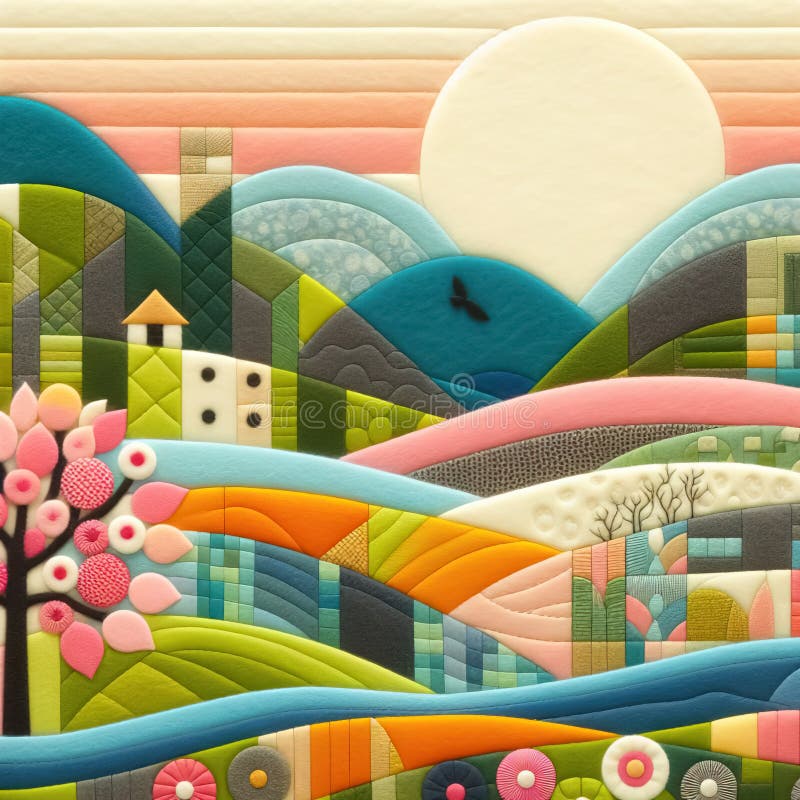 Felt Art Patchwork, Japanese Minimalist Style Flat Art Design Landscape ...