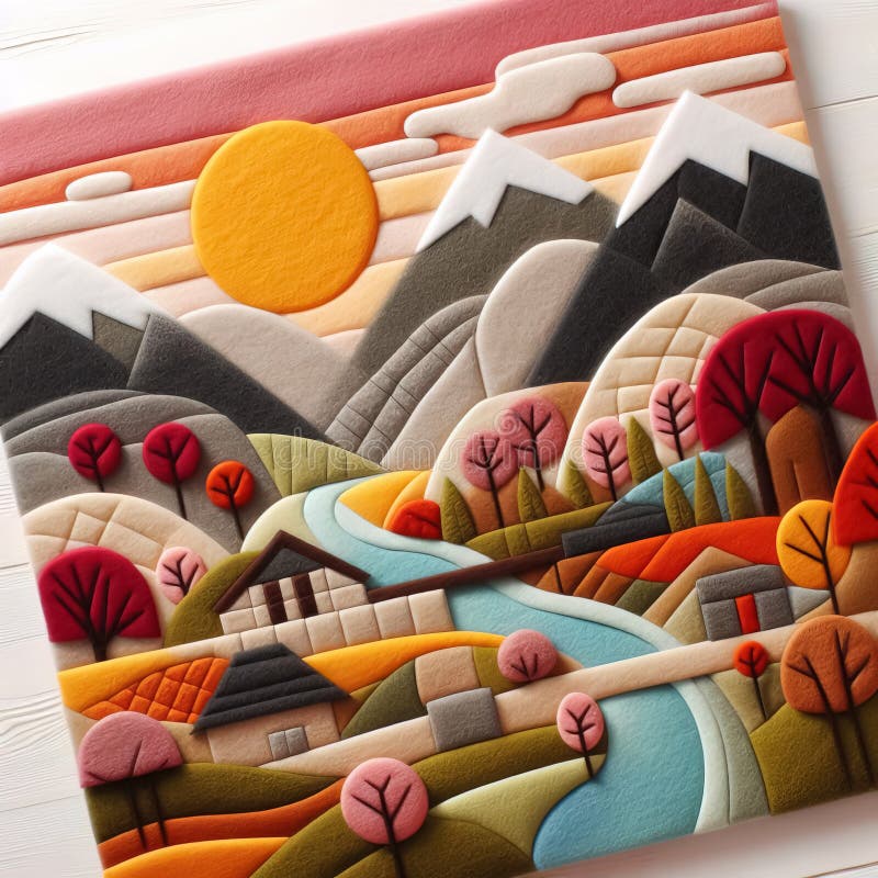 Felt Art Patchwork, Japanese Minimalist Style Flat Art Design Landscape ...