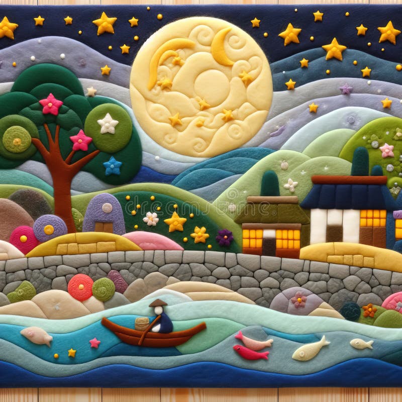 Felt Art Patchwork, Japanese Minimalist Style Flat Art Design Landscape ...