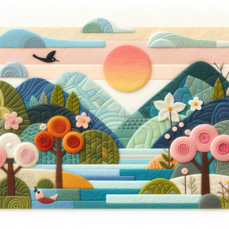 Felt Art Patchwork, Japanese Minimalist Style Flat Art Design Landscape ...
