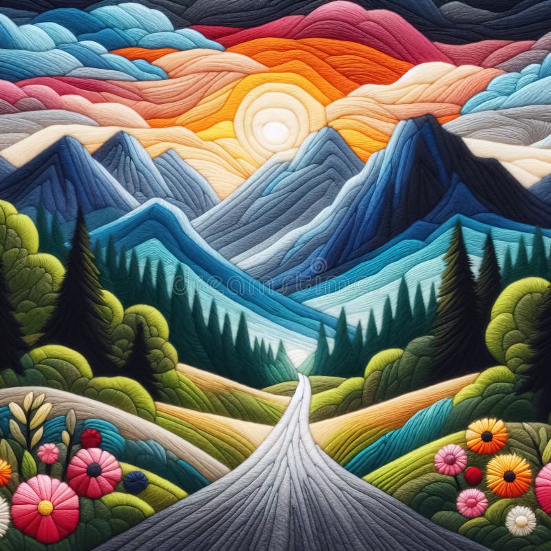 Felt Art Patchwork, Landscape of Beautiful Road in Mountains ...