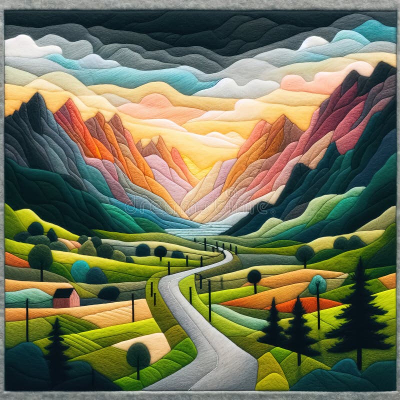 Felt Art Patchwork, Landscape of Beautiful Road in Mountains ...